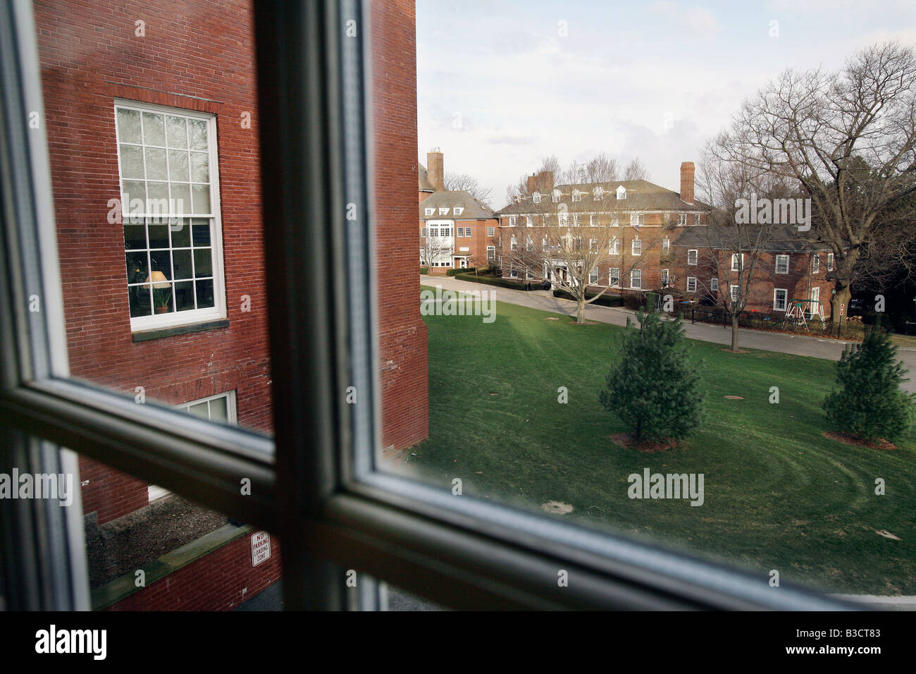 Window frame view New England school campus Stock Photo - Alamy
