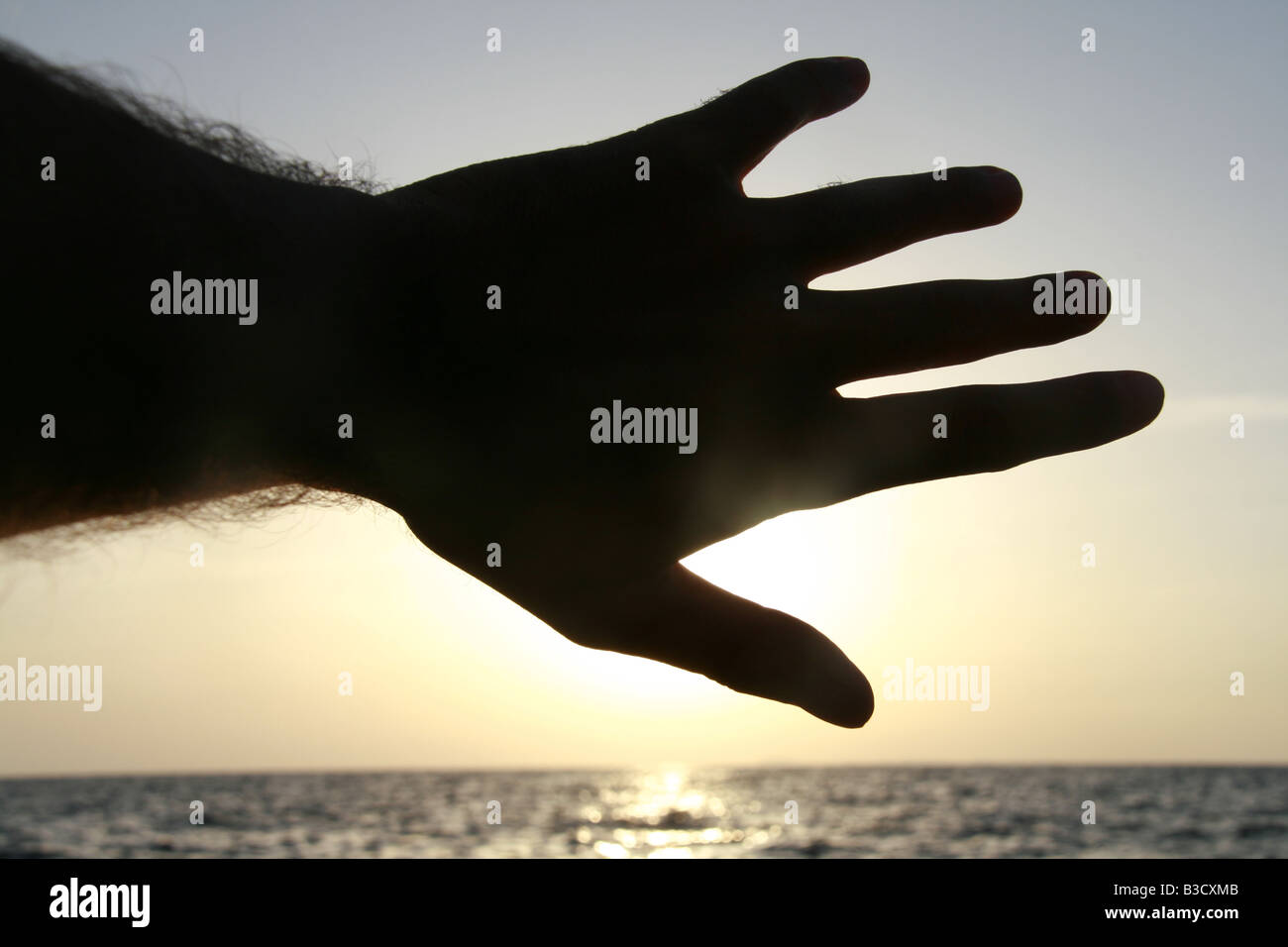 raised hand by sea with beautiful red sunset Stock Photo - Alamy