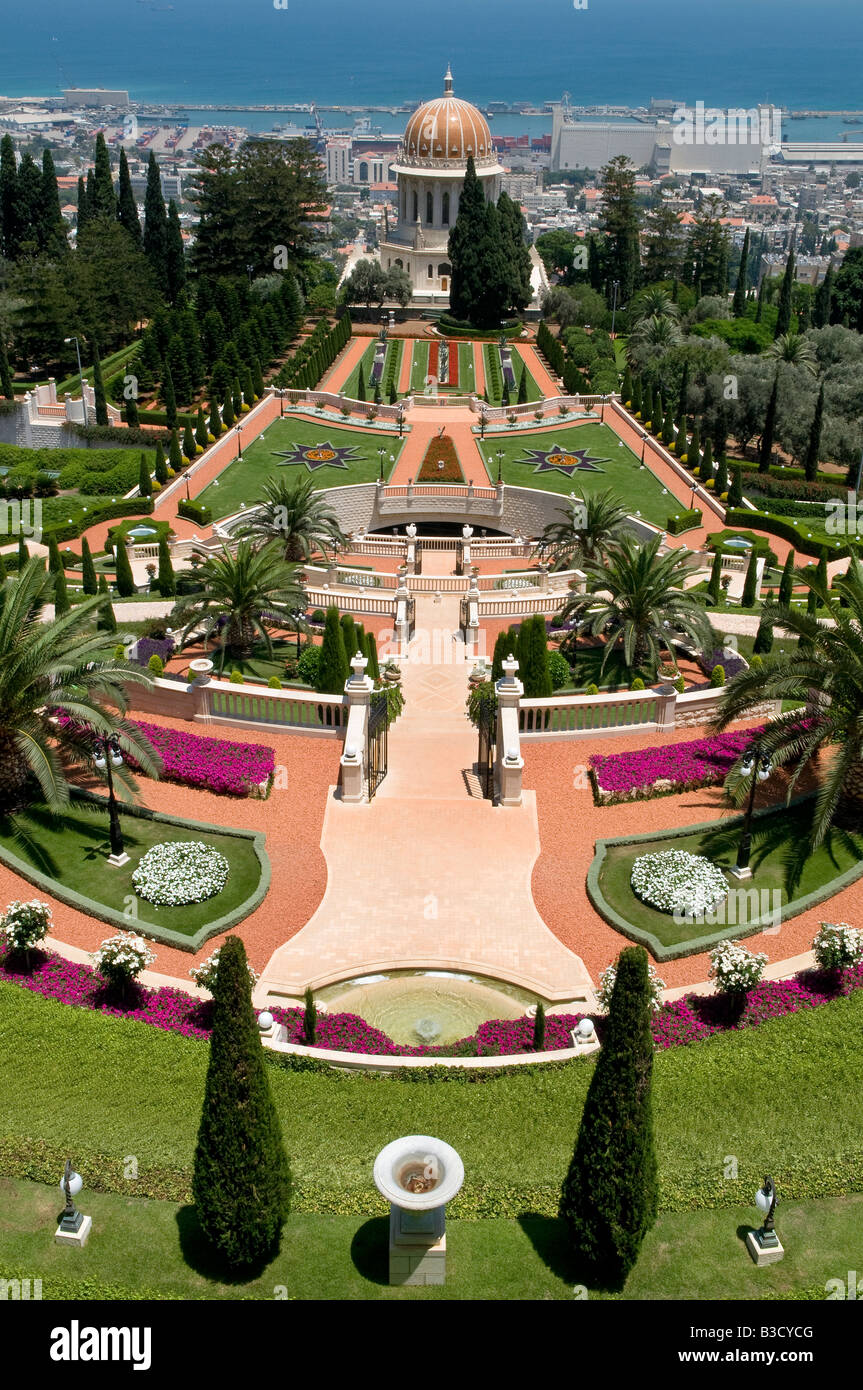 Downward view of the upper terraces of the Shrine of the Bab founder of ...
