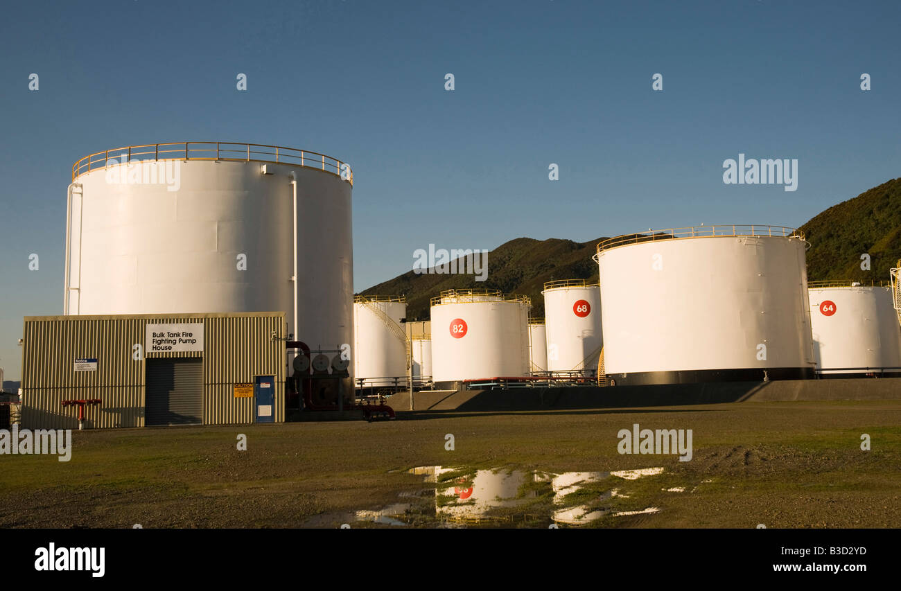 Giant storage tanks for petroleum at Seaview Wellington in New Zealand ...