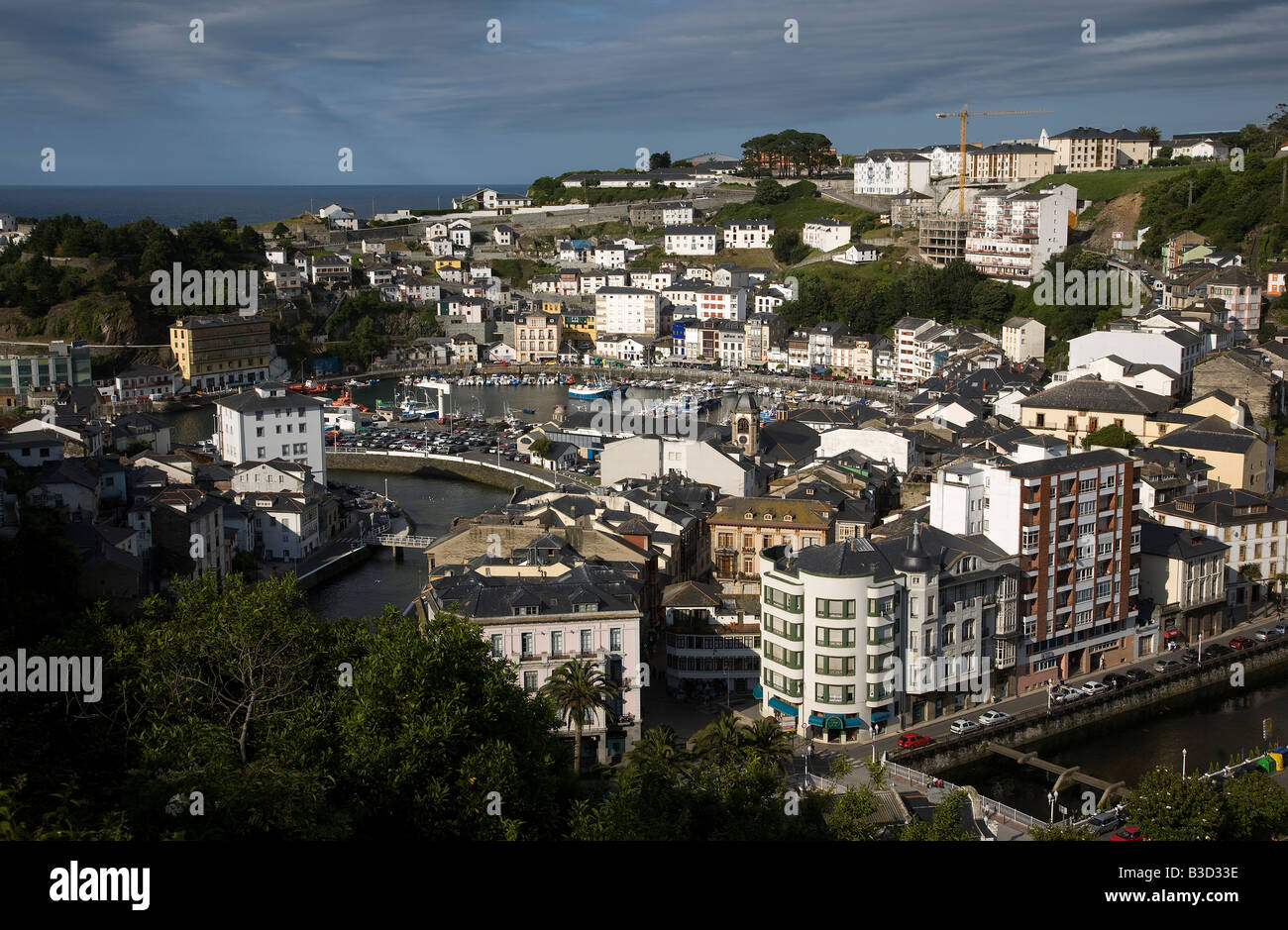 General view of the harbour in the fishing town of Luarca in Asturias ...