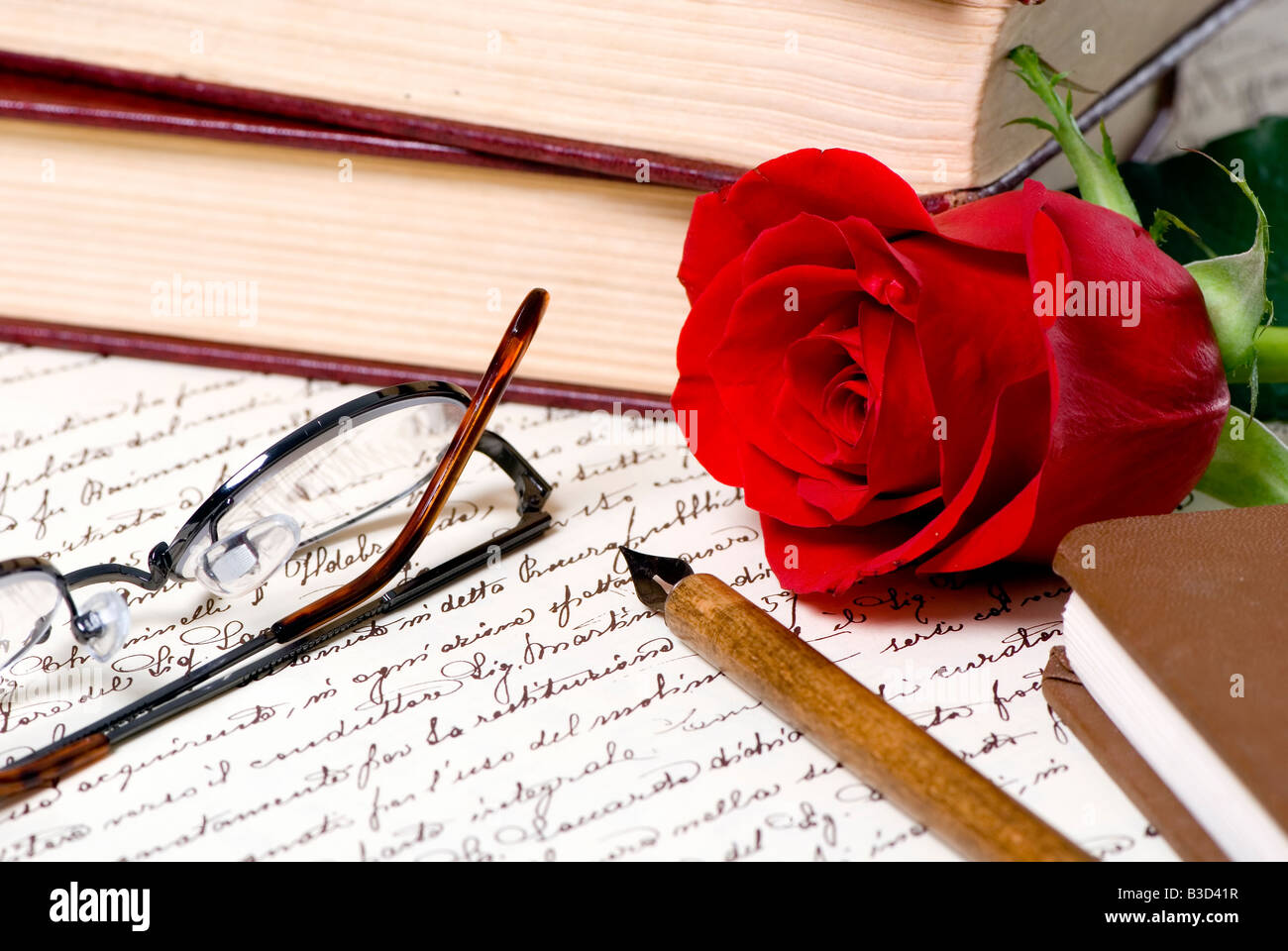 A red rose lays on top of a hand written document with a pile of books ...