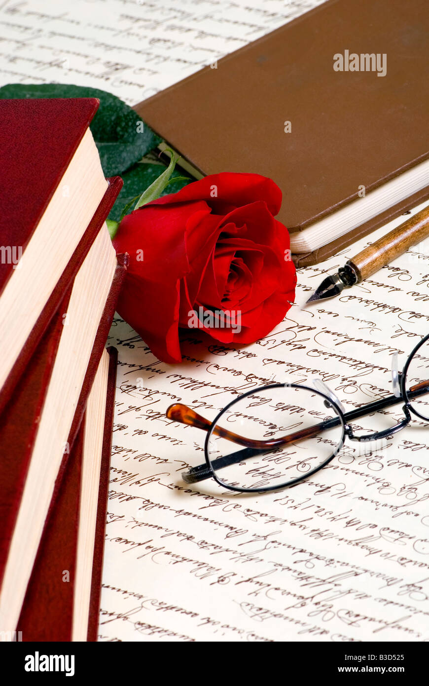 A red rose lays on top of a hand written document with a pile of books ...