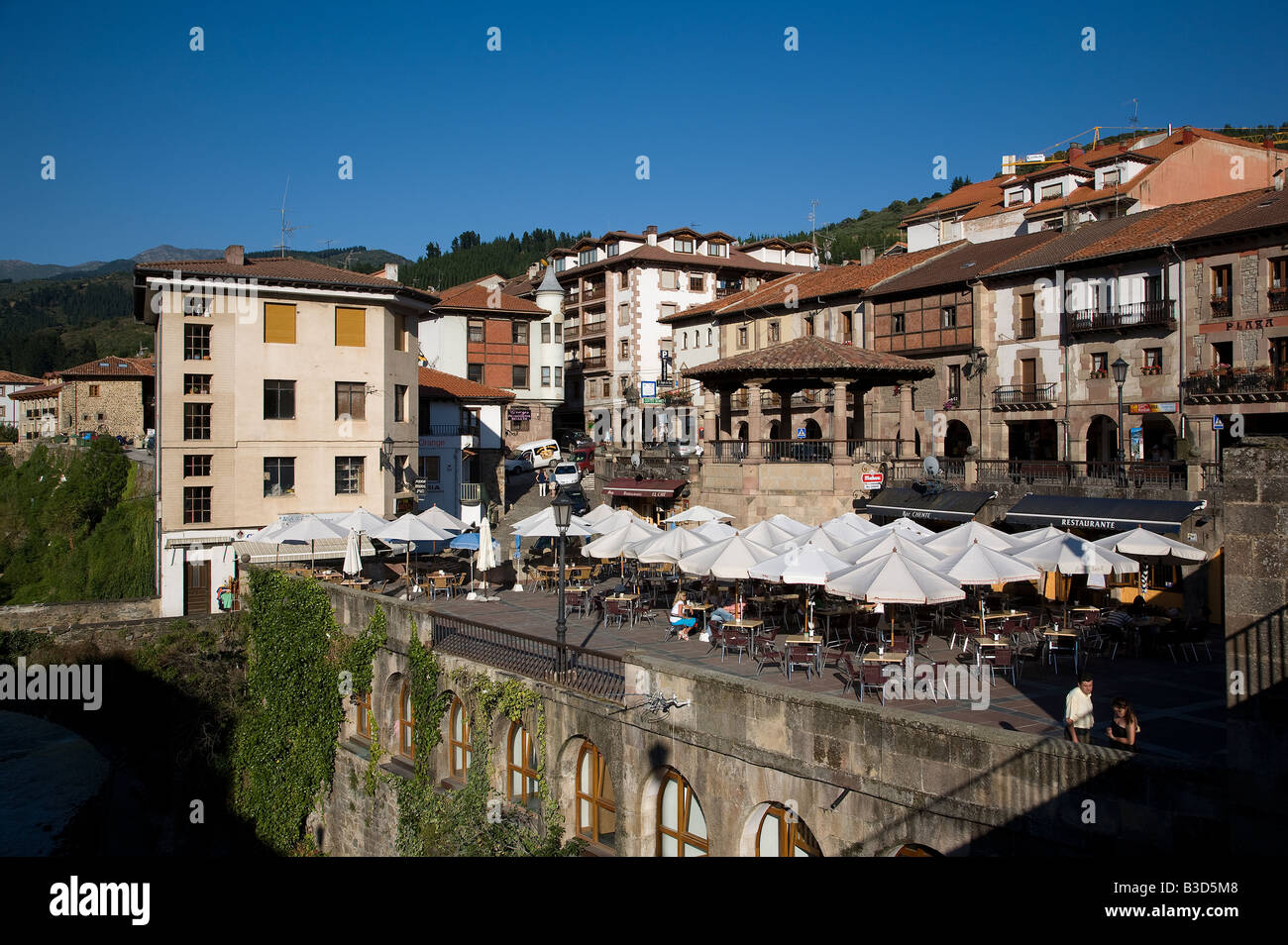 General view of the mountain town of Potes in the Picos de Europa ...