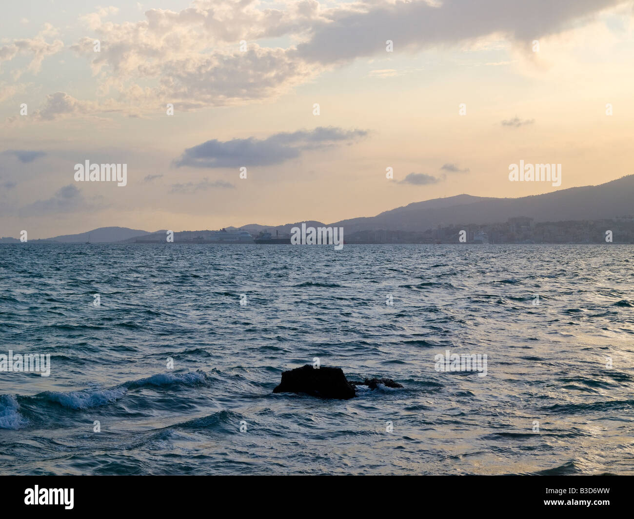 Sea with Palma de Mallorca coast at sunset Stock Photo - Alamy