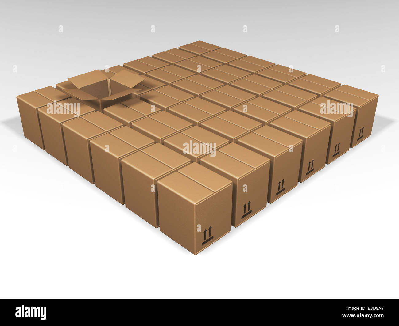 One open brown box amongst lots of close ones Stock Photo - Alamy
