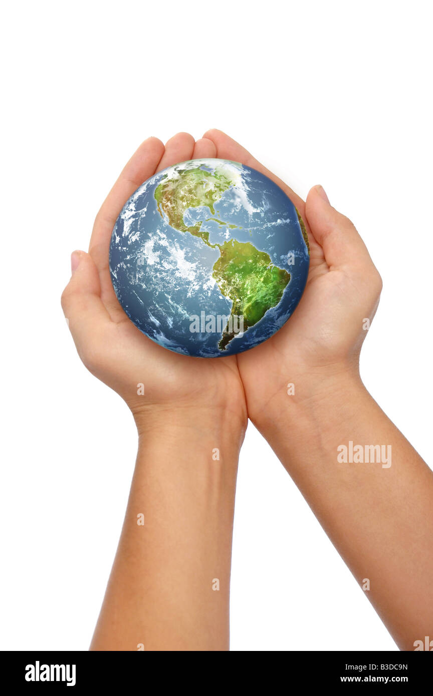 Hands holding the world on a white background Stock Photo - Alamy