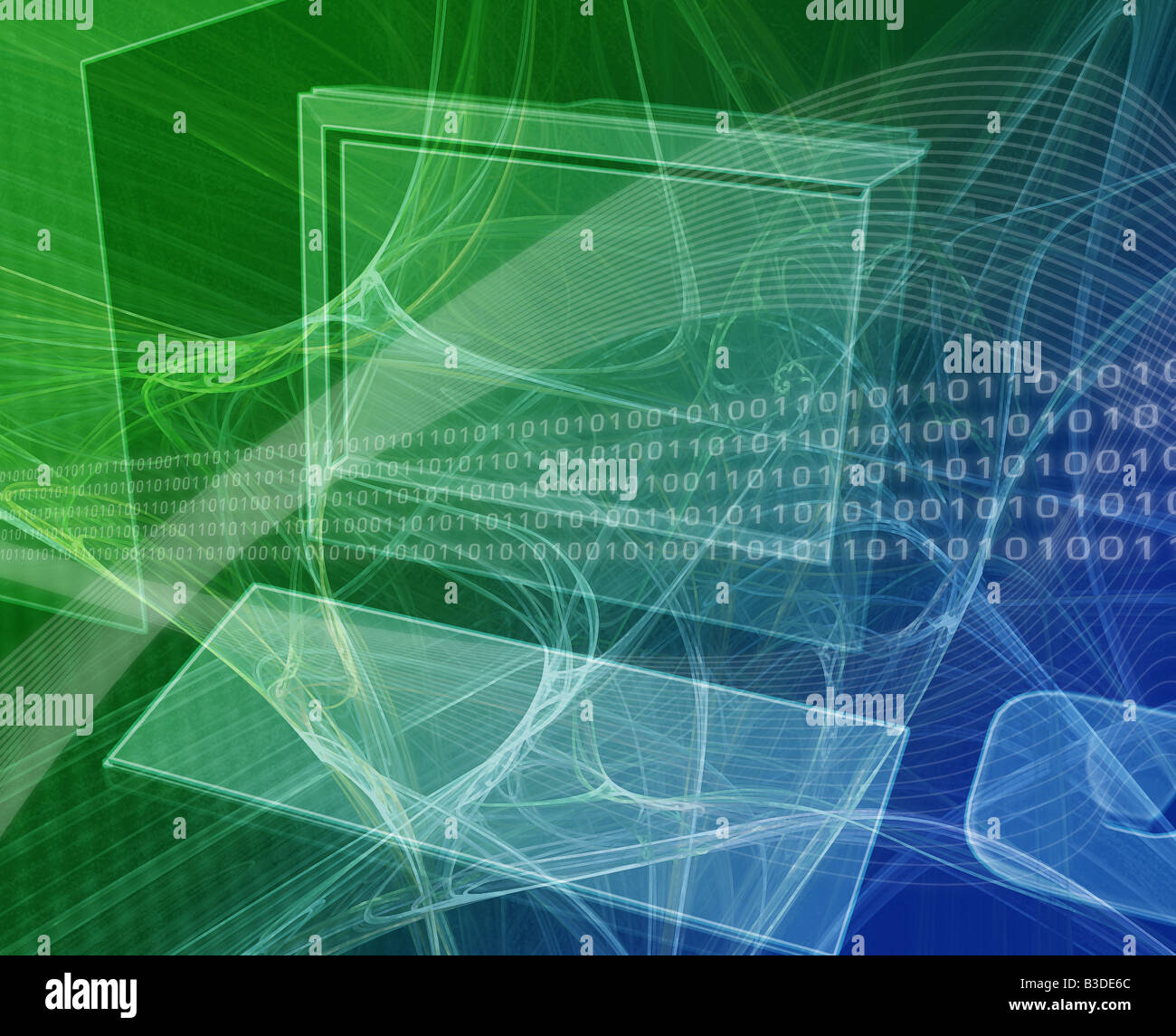 Digital collage illustration of a computer workstation with data flows ...