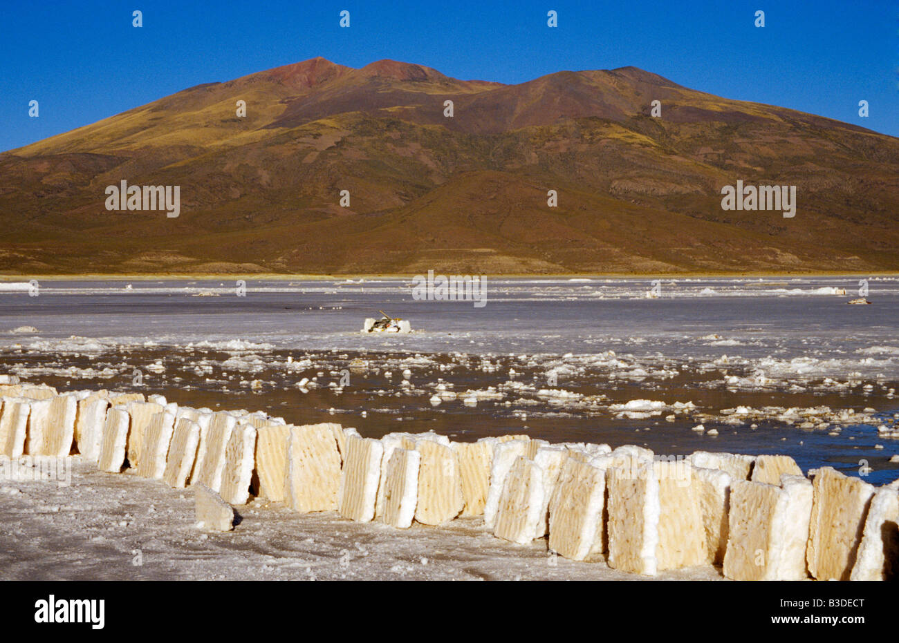 Salt blocks harvested from Coipasa Salt Lake, Bolivia, stacked against ...
