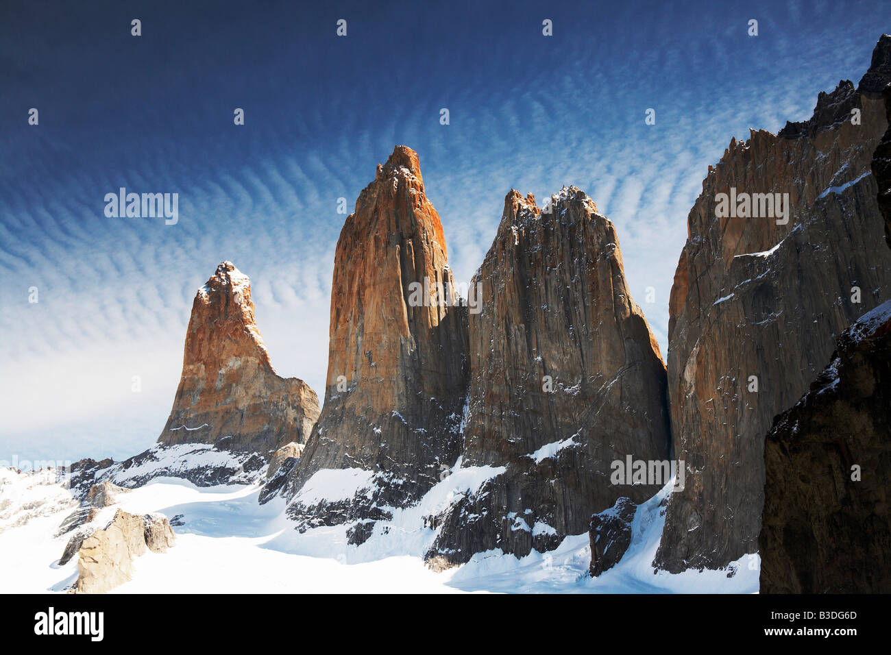 The Towers of Paine covered with snow Stock Photo - Alamy