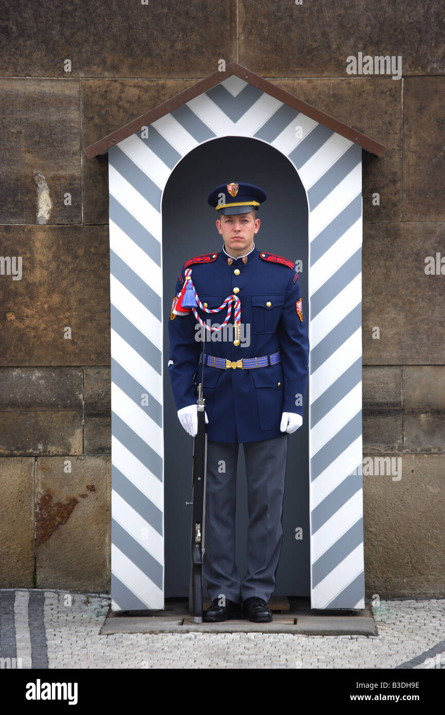 An honor guard stands at the entrance to Prague Castle in Prague, Czech ...