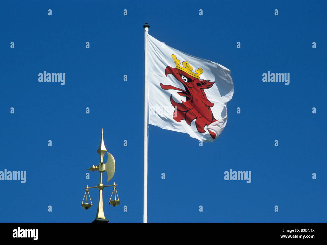 Malmo flag on top of the Townhall, Stortorget, Malmo, Sweden Stock ...