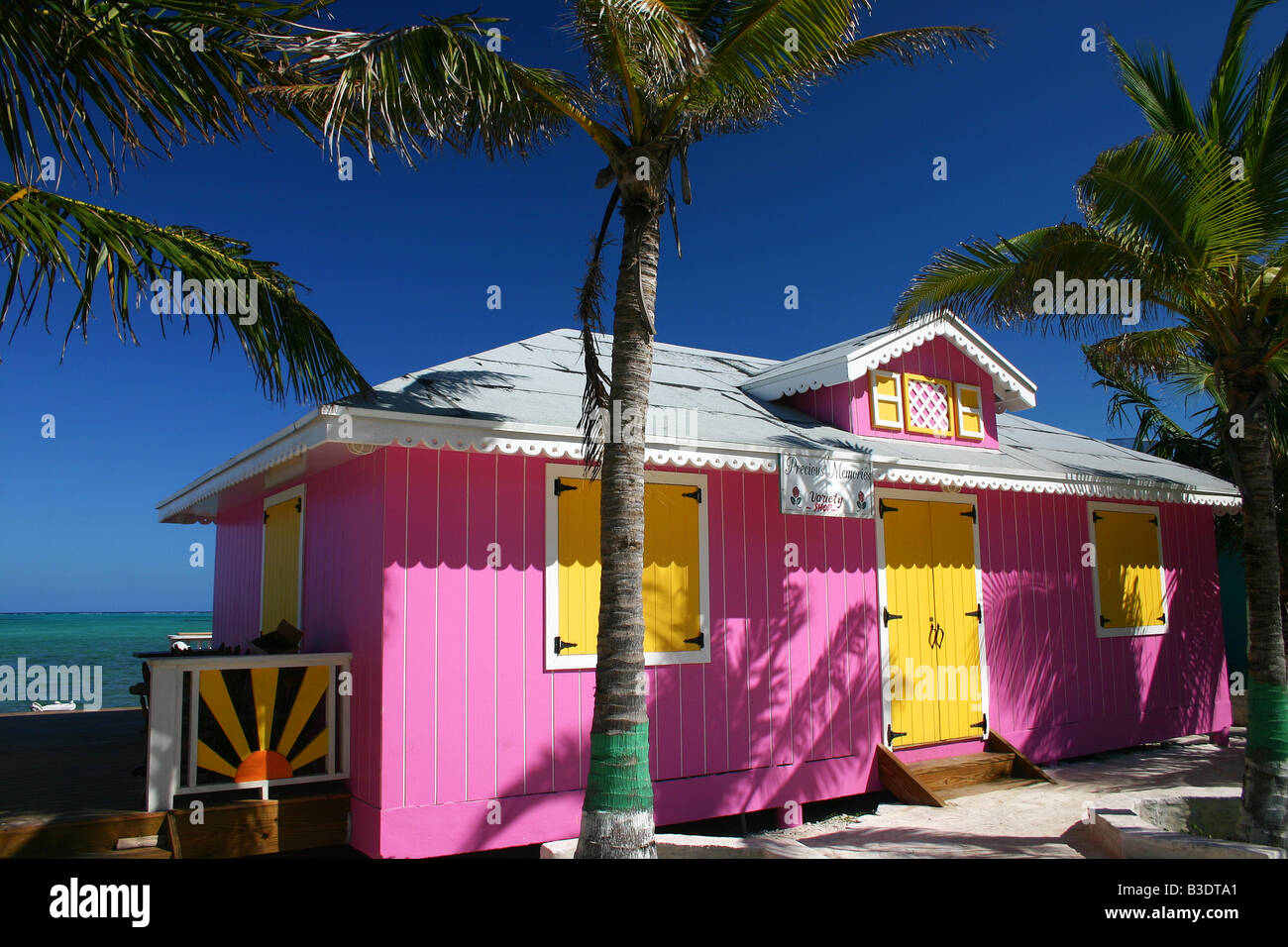 A colorful Caribbean building in Blue Hills at Turks and Caicos Islands ...