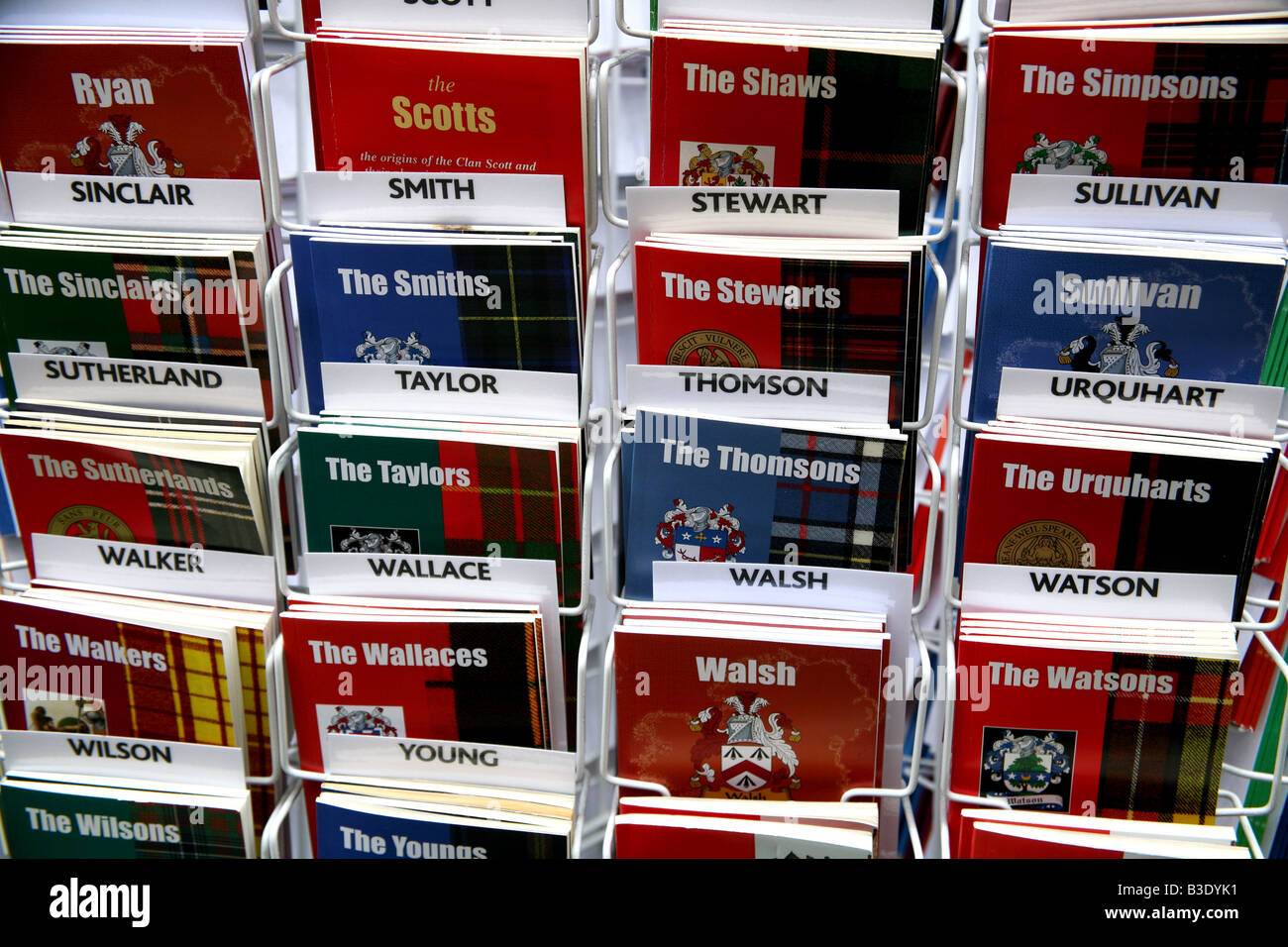 Scottish clans guide books on sale in Edinburgh souvenir shop Stock ...