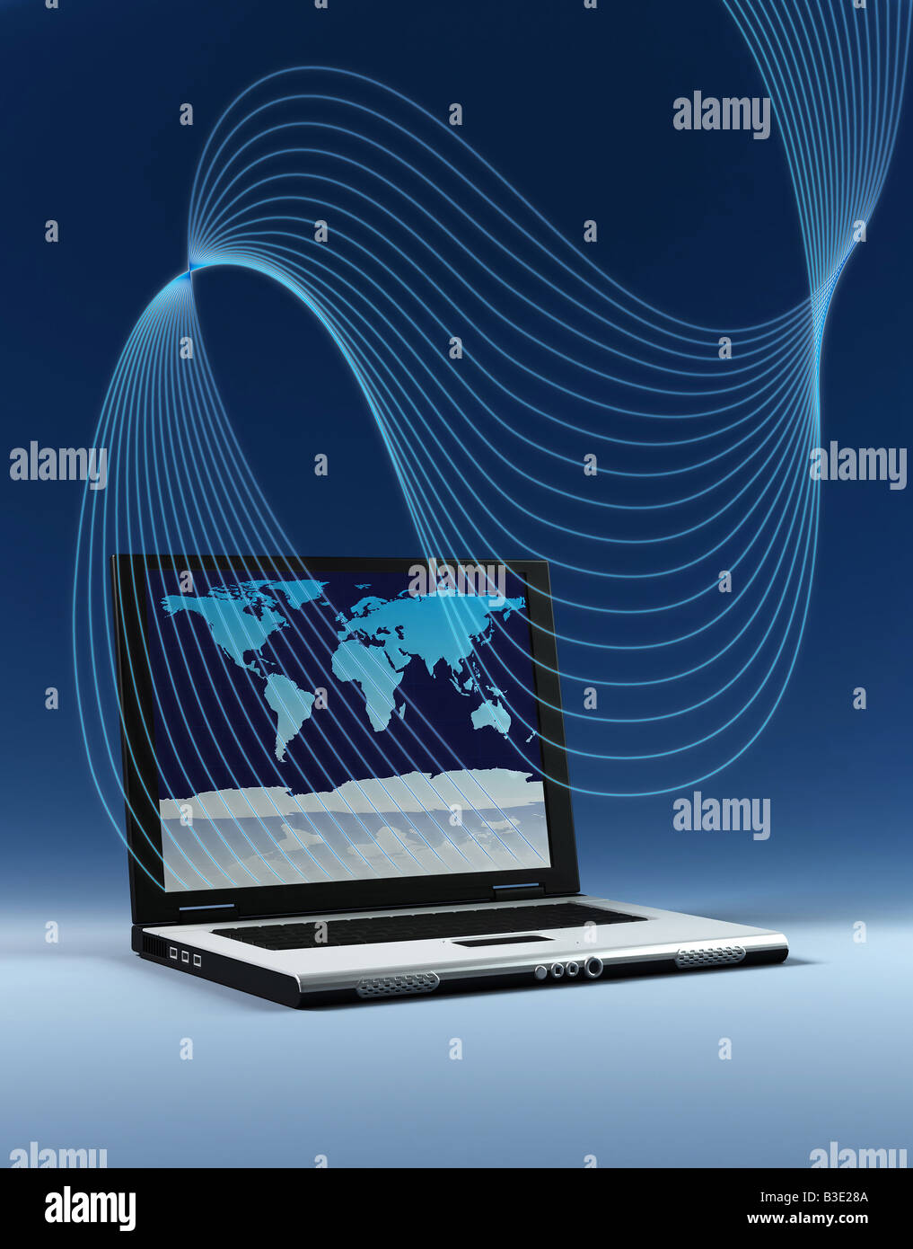 Laptop with world map on screen and lines flowing Stock Photo - Alamy