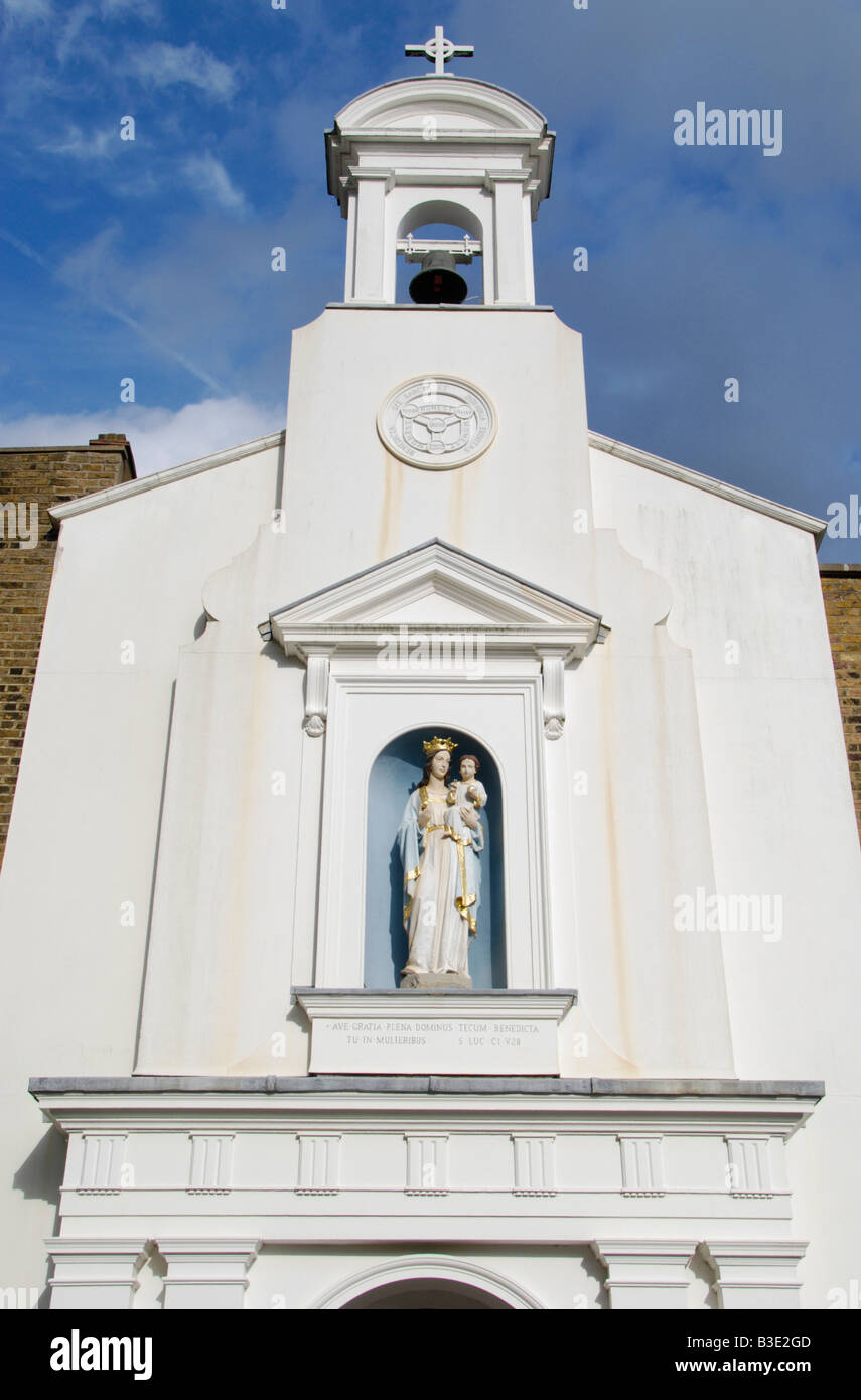 Close up of St Mary's Catholic Church showing bell tower and statue ...