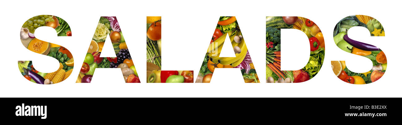 Salads word set with fruit and vegetables Stock Photo - Alamy