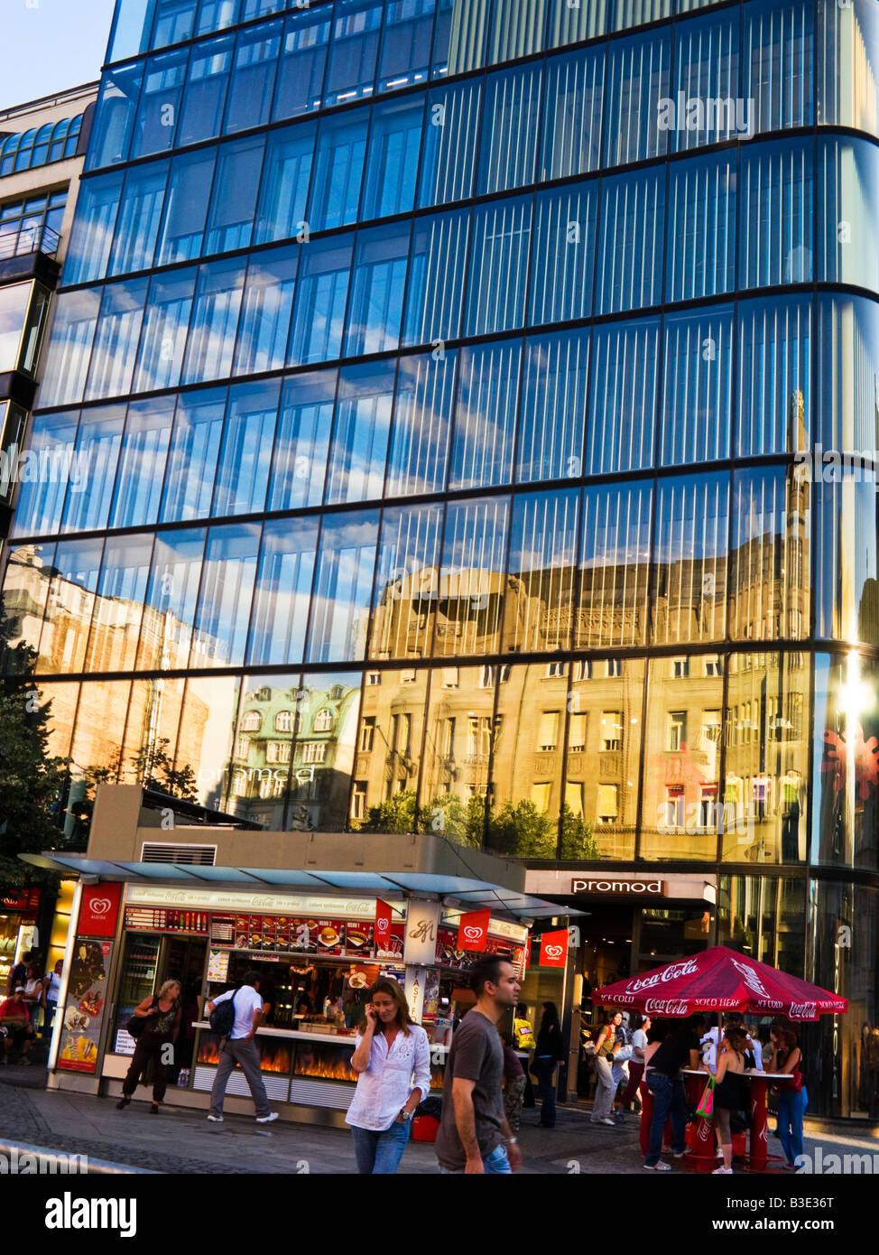 Reflection of Old Town buildings in the windows of modern block, Prague ...