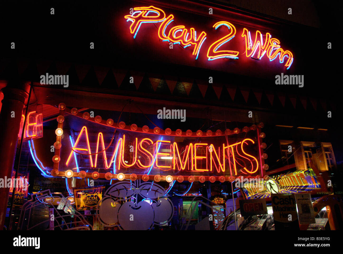 Amusement arcade signs at night Chinatown London England Stock Photo ...