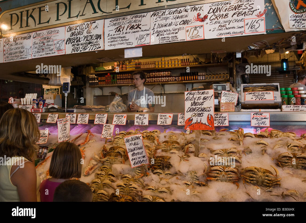 Fish & shell fish stall Pike Place Market Seattle Washington State WA ...