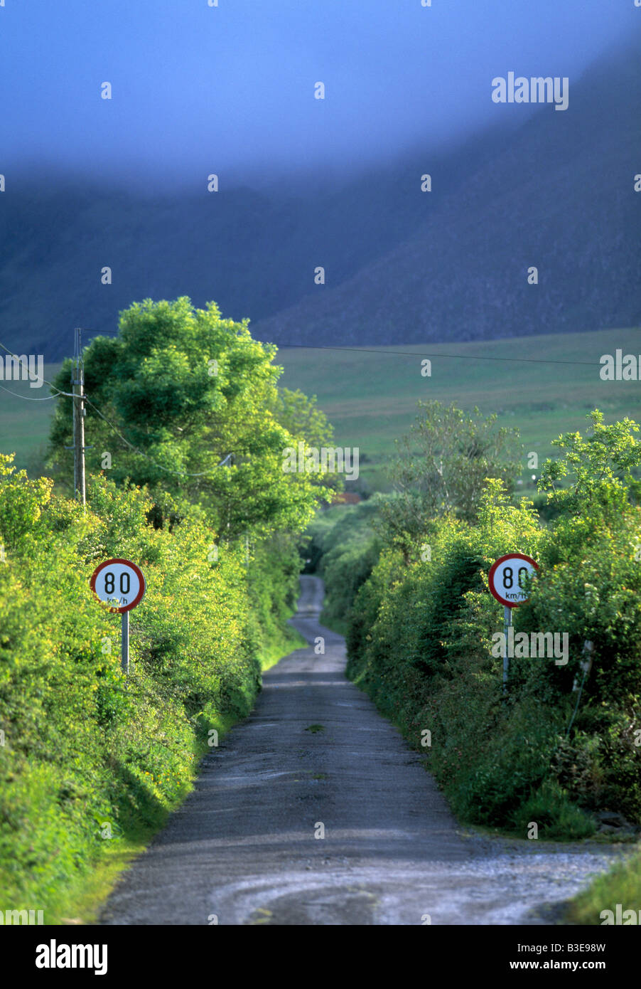 Ireland, south west, narrow country road leading to misty mountains ...