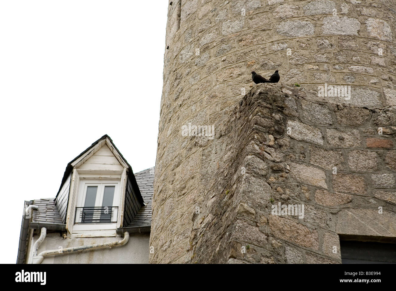 two pigeons sitting on a ledge of the clock tower in Meymac, France ...