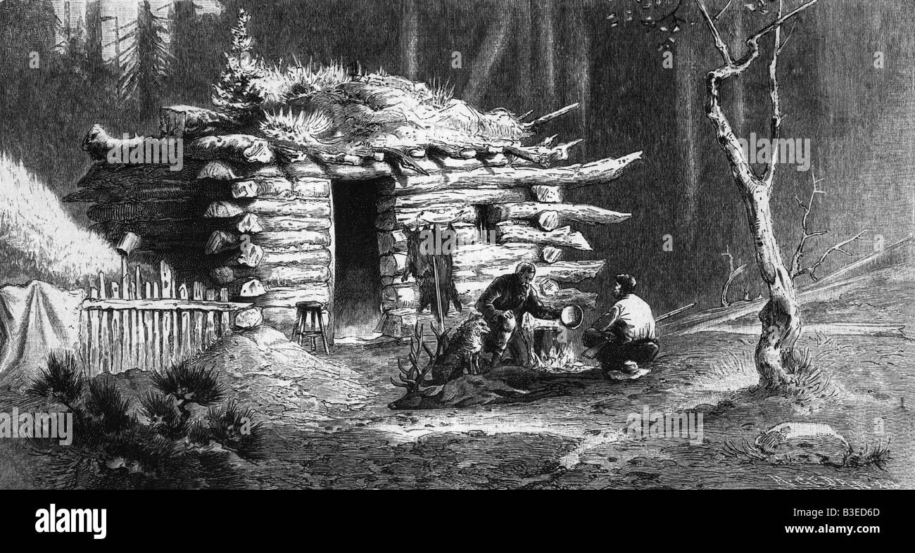 geography / travel, USA, architecture, log cabin, trapper, engraving ...