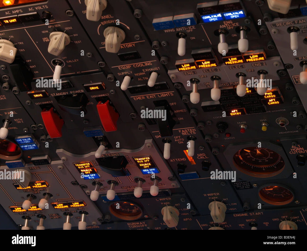 Top control panel inside Boeing 737 cockpit photographed in flight ...