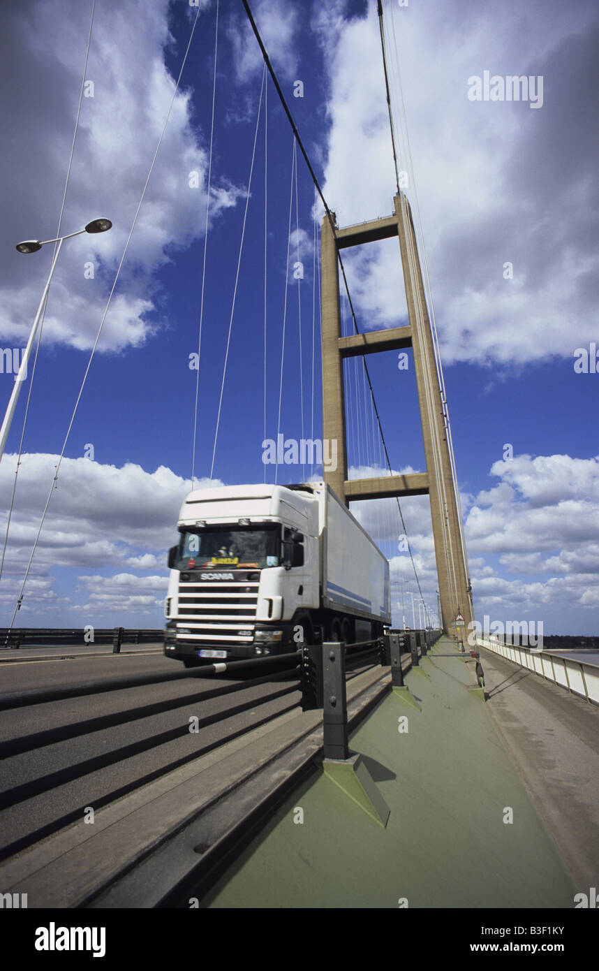 lorry crossing the humber bridge spanning the humber estuary joining ...
