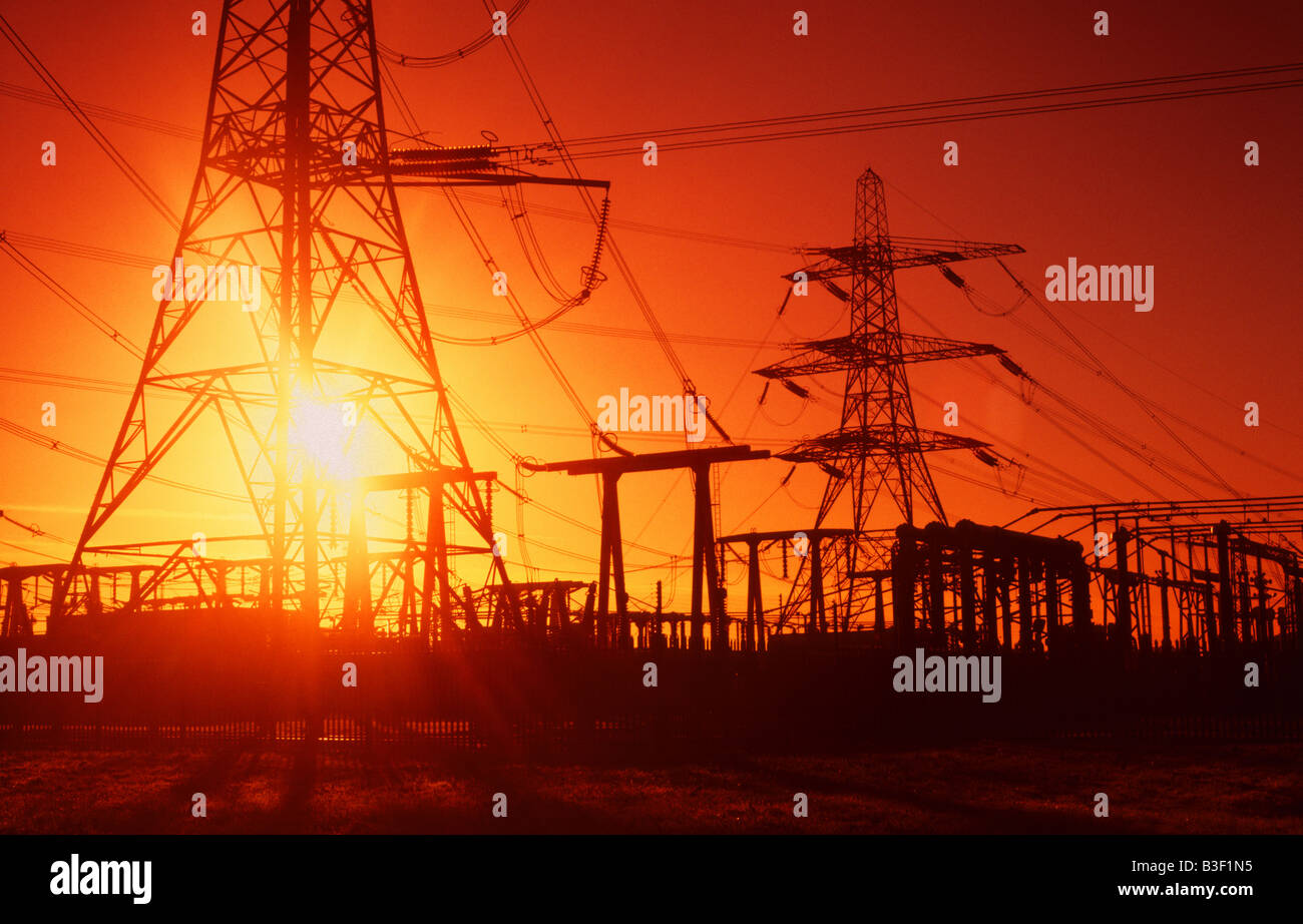 giant electricity pylons at sunrise at Monk Fryston electricity ...