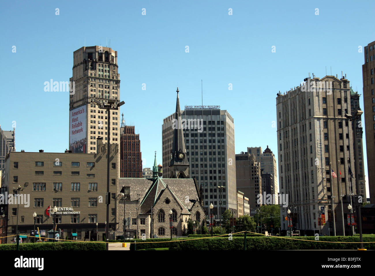 Old buildings and church in downtown Detroit city Michigan Stock Photo ...