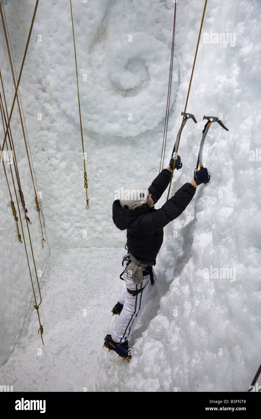 Hukawai indoor climate controlled ice climbing chamber with woman on ...