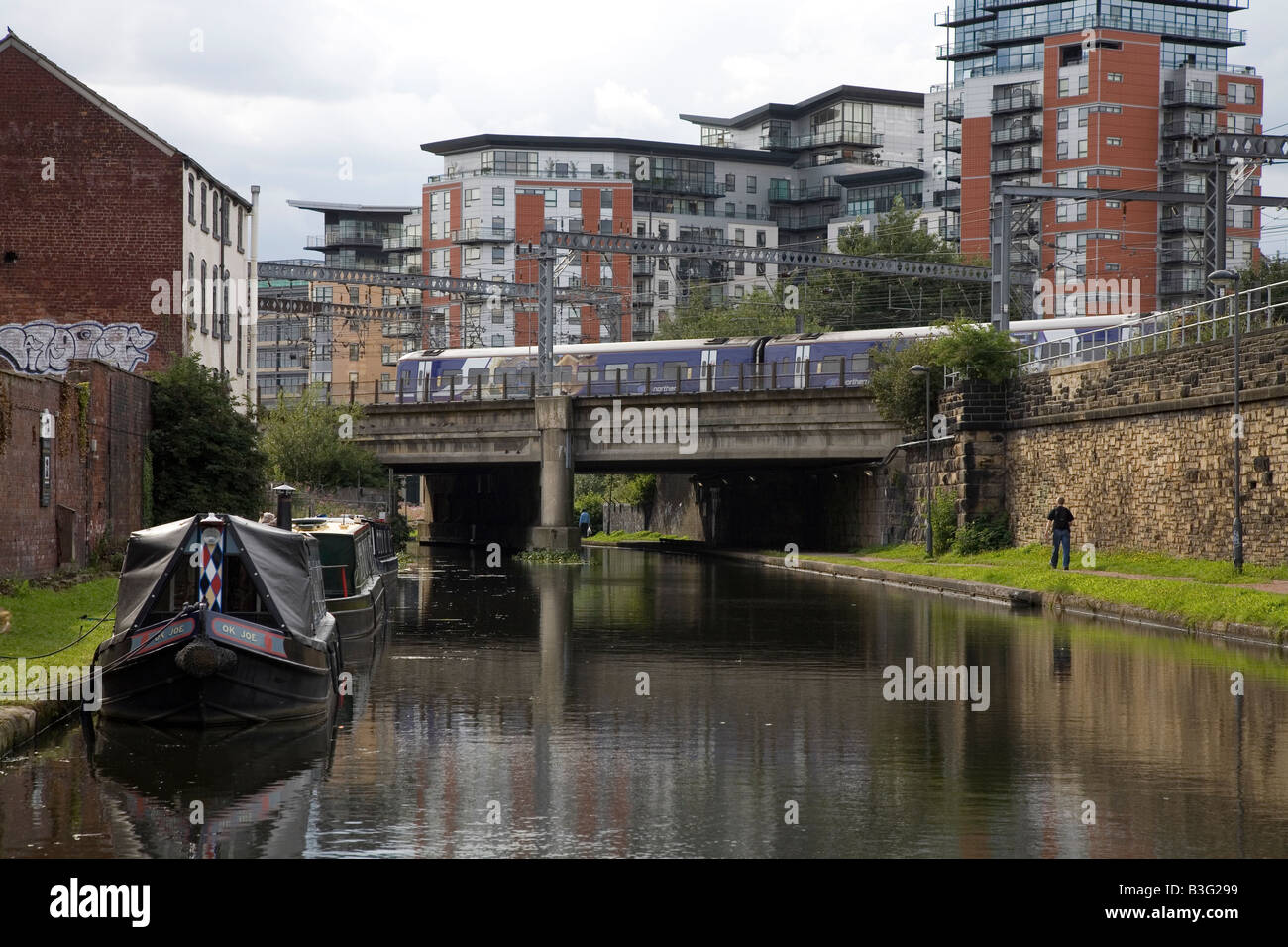 Canal basin area of Leeds West Yorkshire with a train passing over a ...