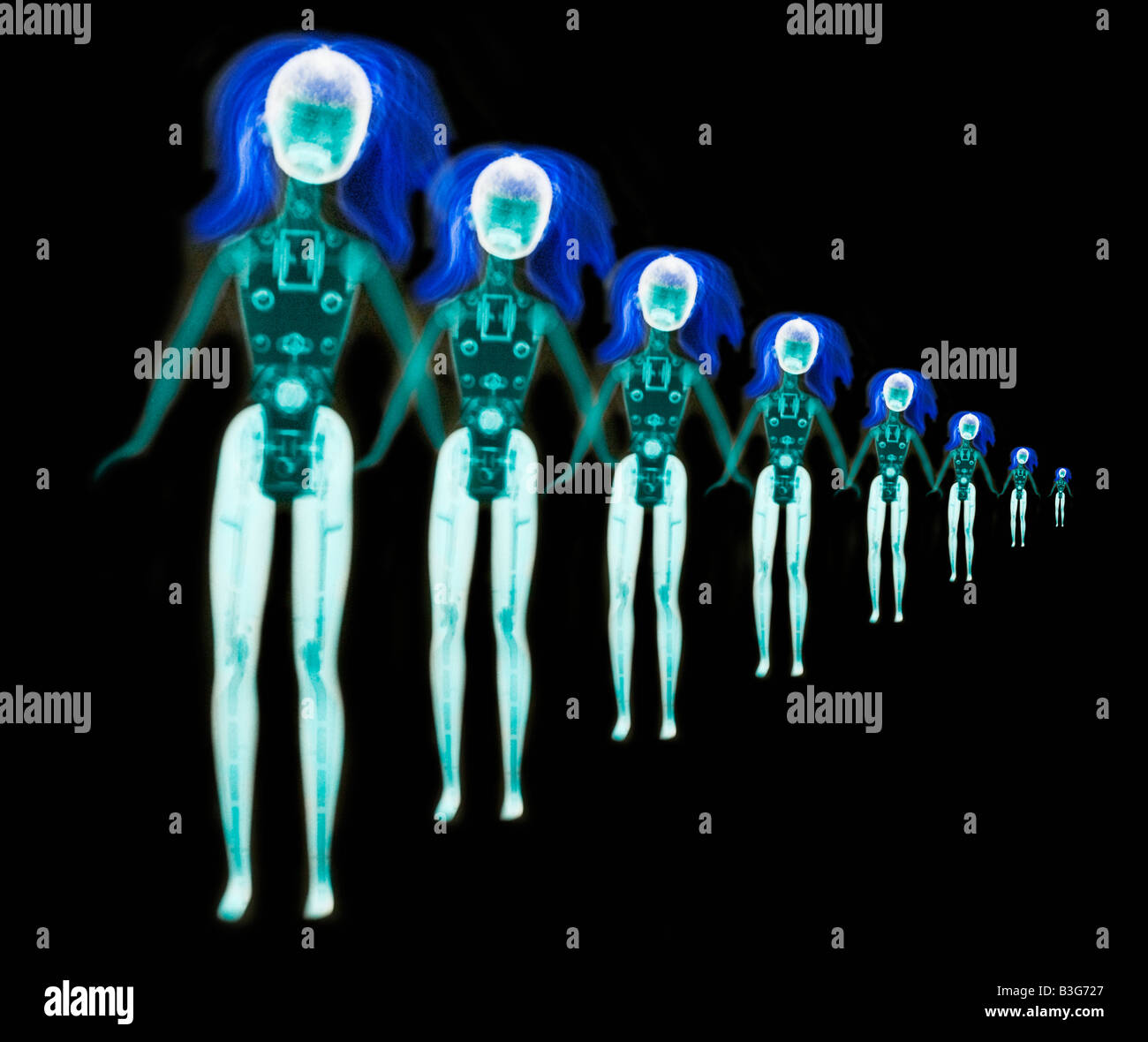 colorized x ray of dolls fading off into the distance Stock Photo - Alamy