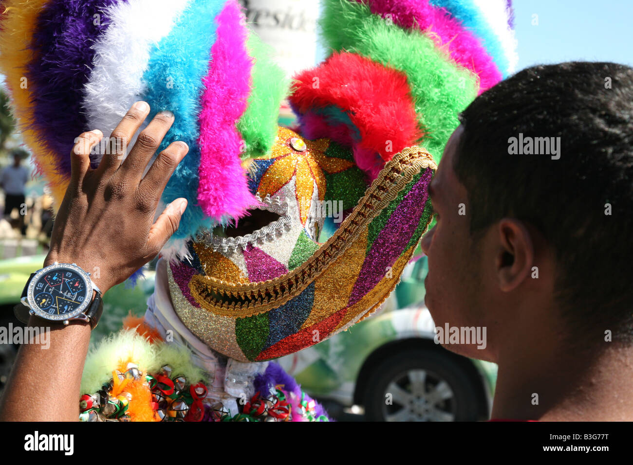 Carnival participant from Santiago dressing fancy dress of Diablo ...