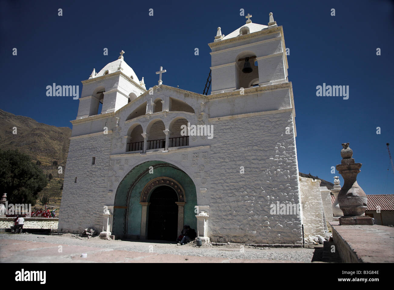 The small colonial church in Maca, near the Colca Canyon, Peru Stock ...