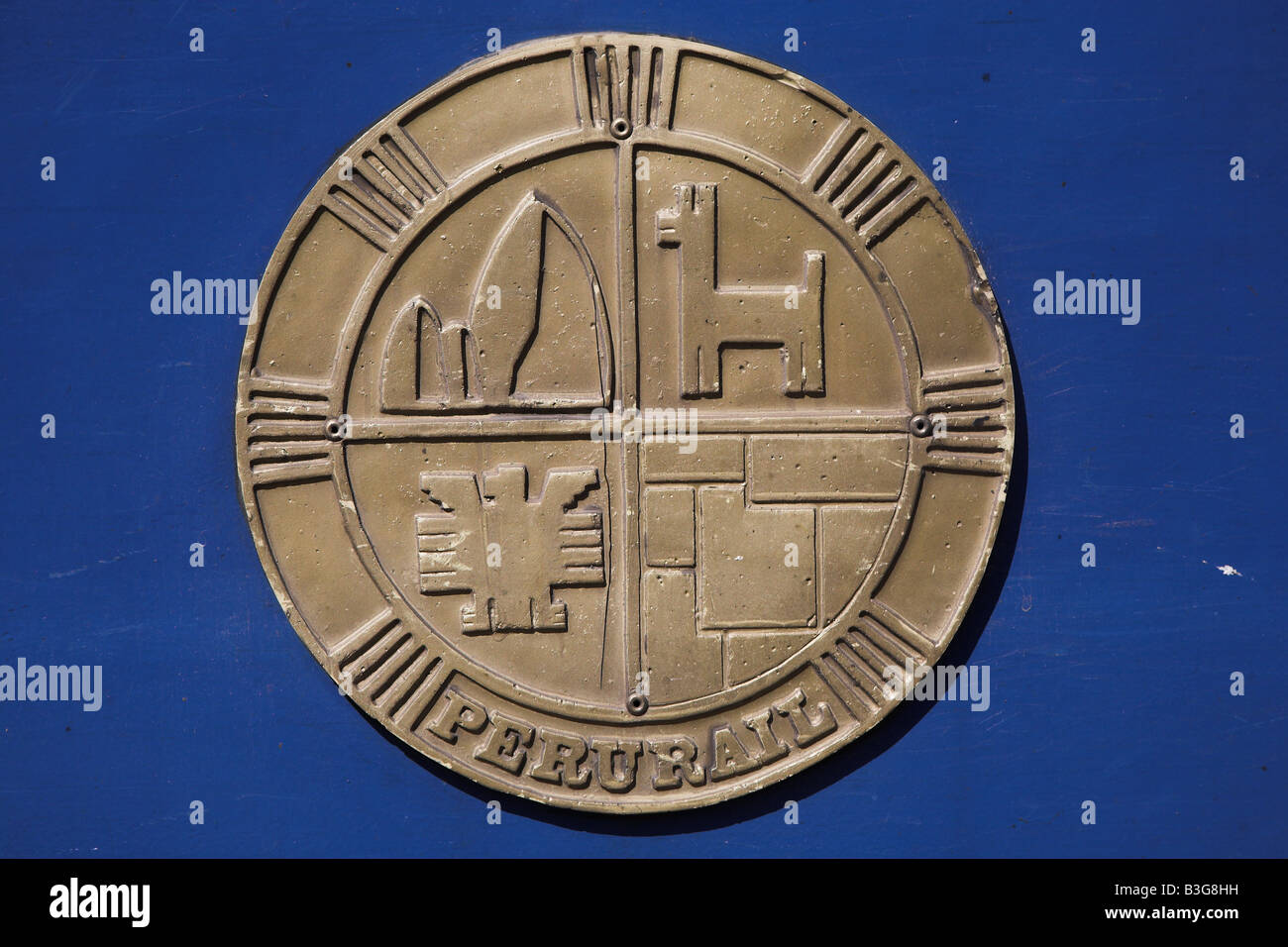 Logo on the Peru Rail train en route to Aguas Caliente, the town ...