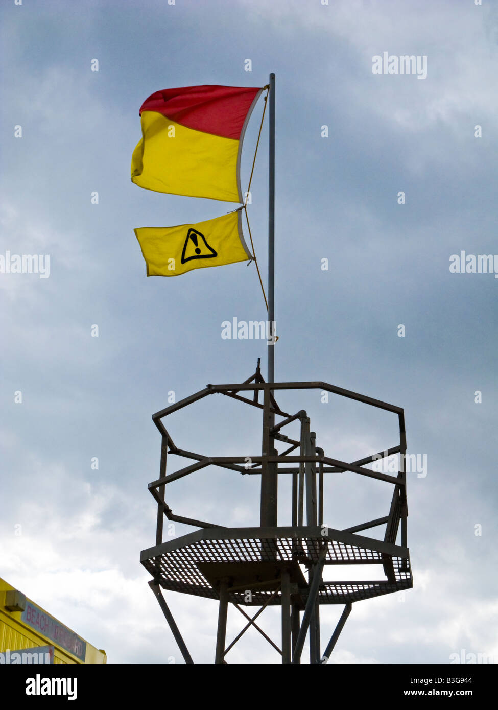 English Beach Lifeguard Tower with Safe Bathing flag England UK Stock ...