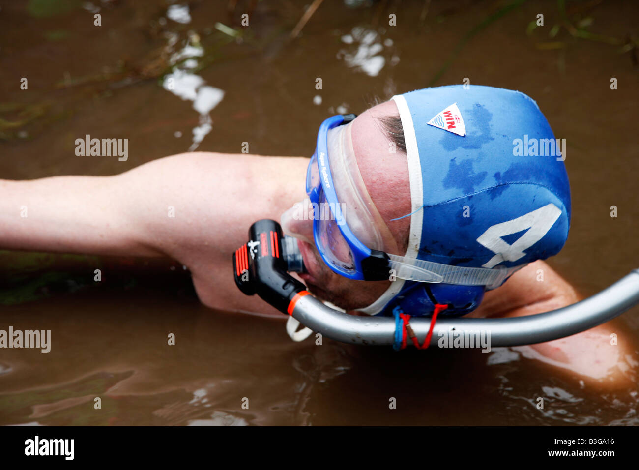 man, world bog snorkeling championships, Wales Stock Photo - Alamy