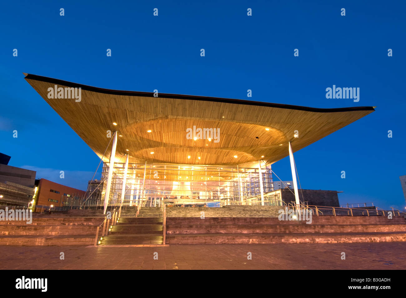 Welsh Assembly Senedd Building at night Stock Photo - Alamy