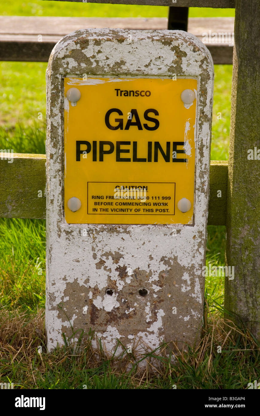 Warning post of a gas pipeline put in by Transco to ring them if ...