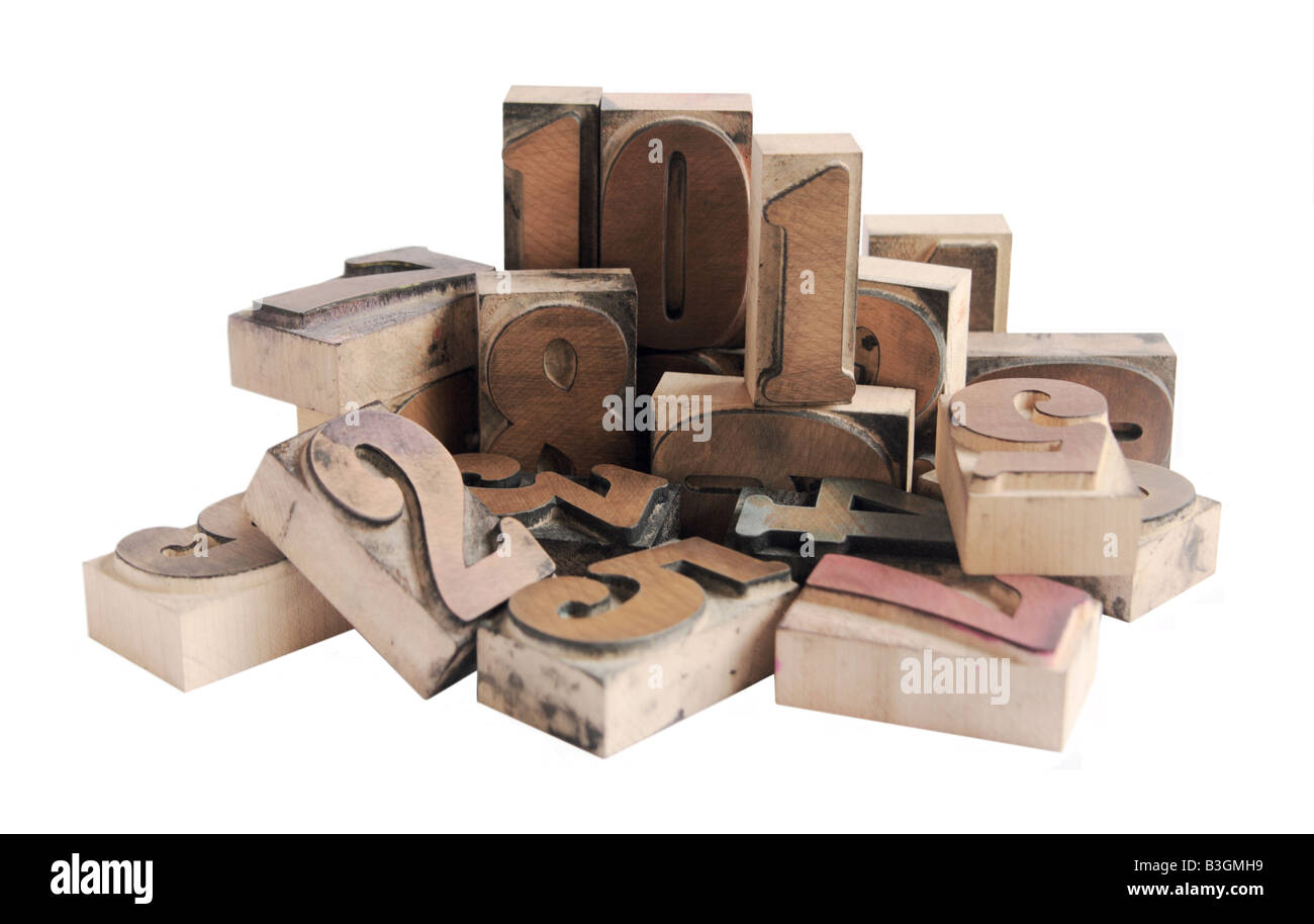 a grouping of old, ink-stained letterpress wood type numbers Stock ...