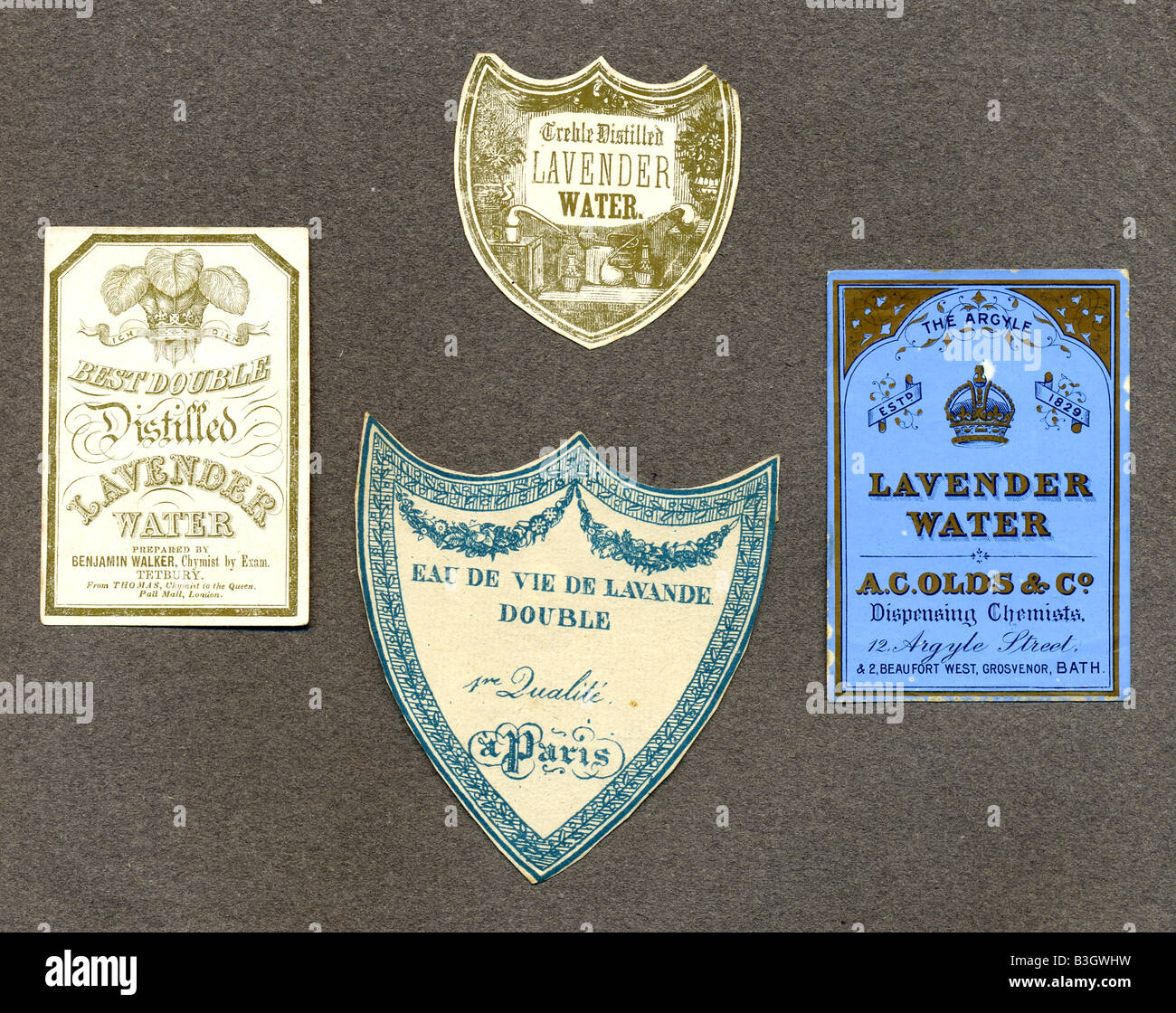 Four lavender water labels circa 1840-1860 Stock Photo - Alamy