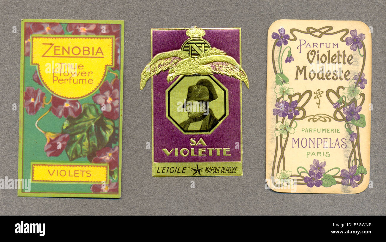 Label and cards for perfume from violets circa 1920 Stock Photo - Alamy