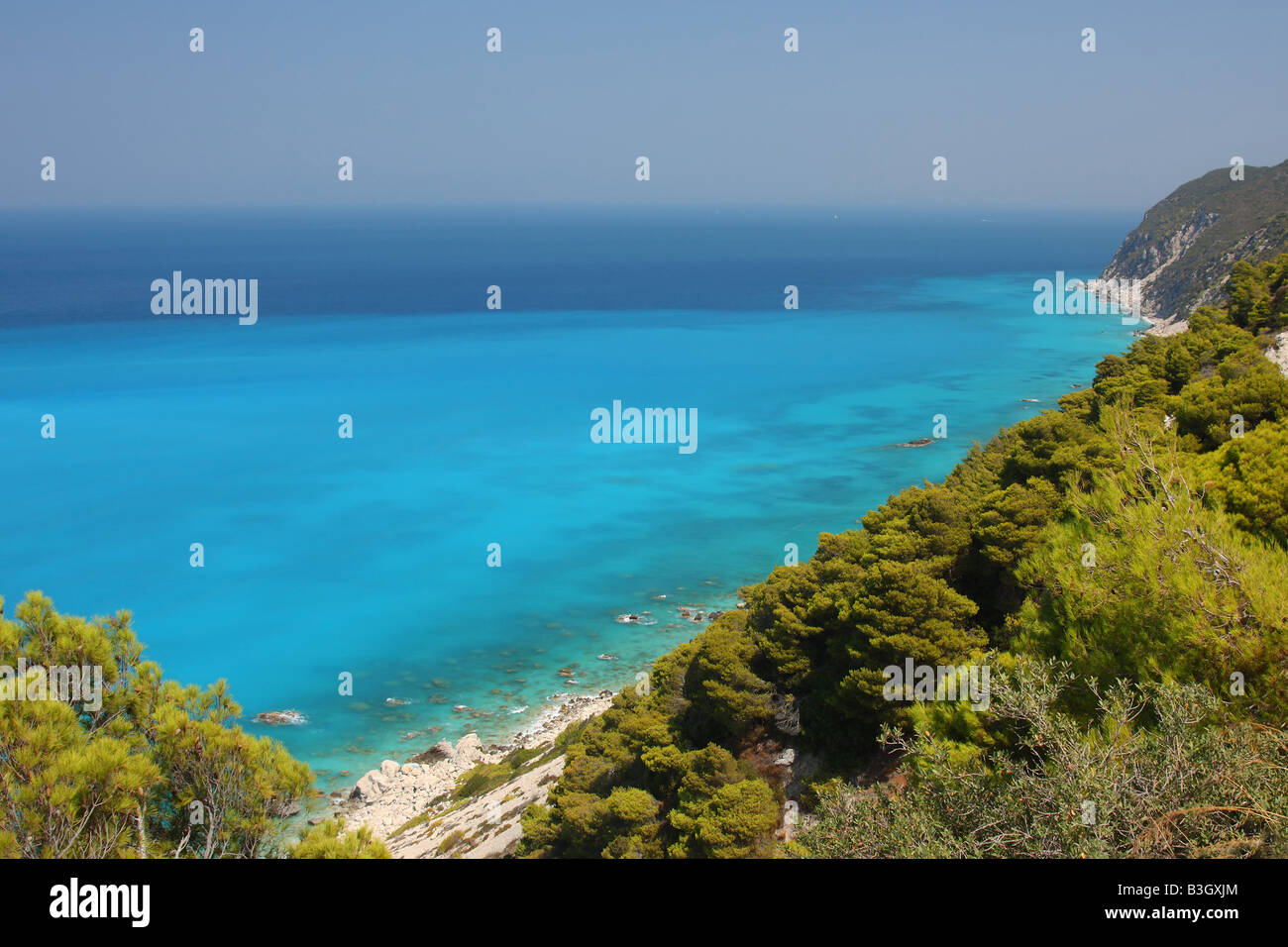 Turquoise and blue waters at the western coast of Lefkada island ...