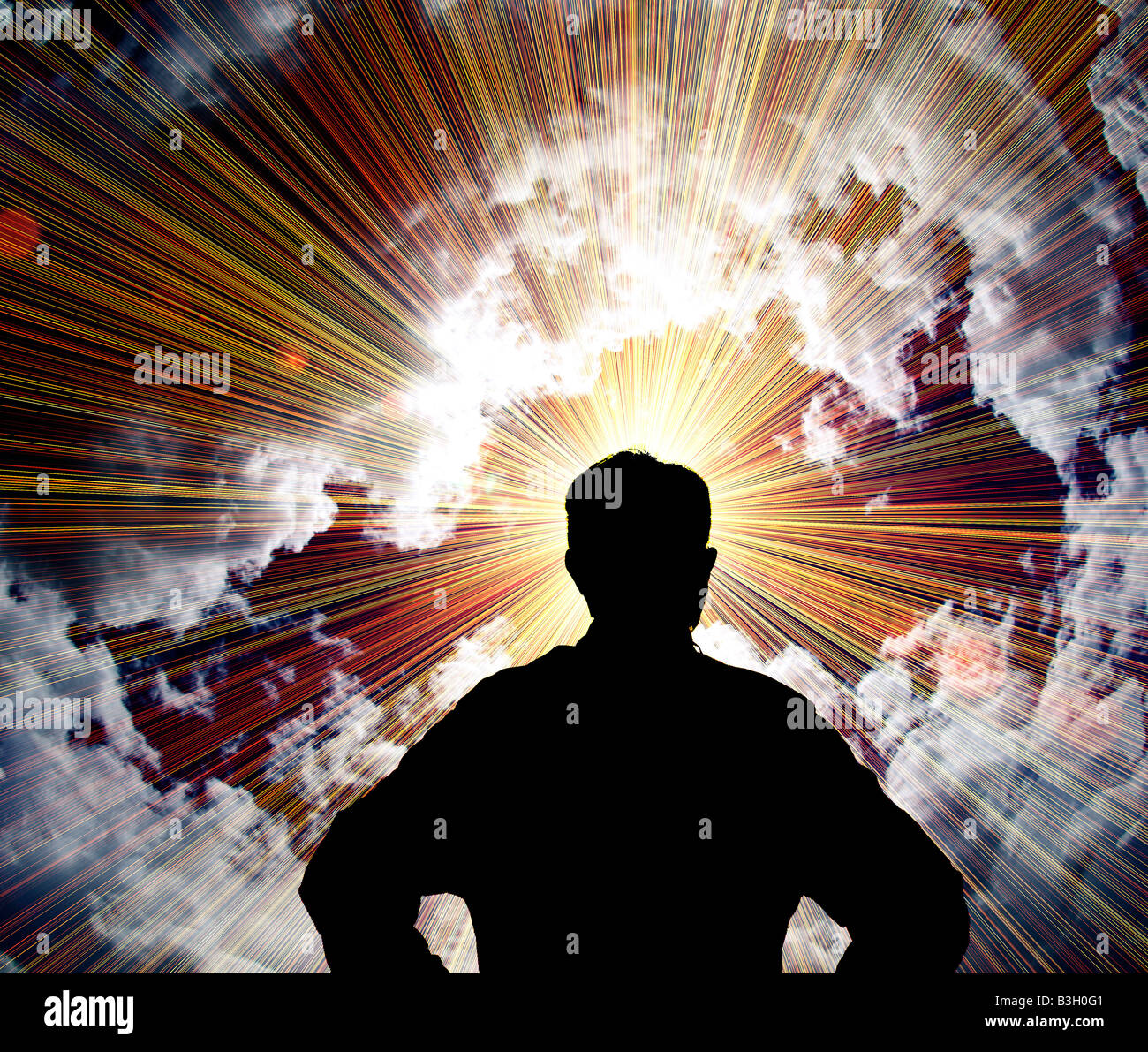 man looking at computer generated explosion in stormy sky Stock Photo ...