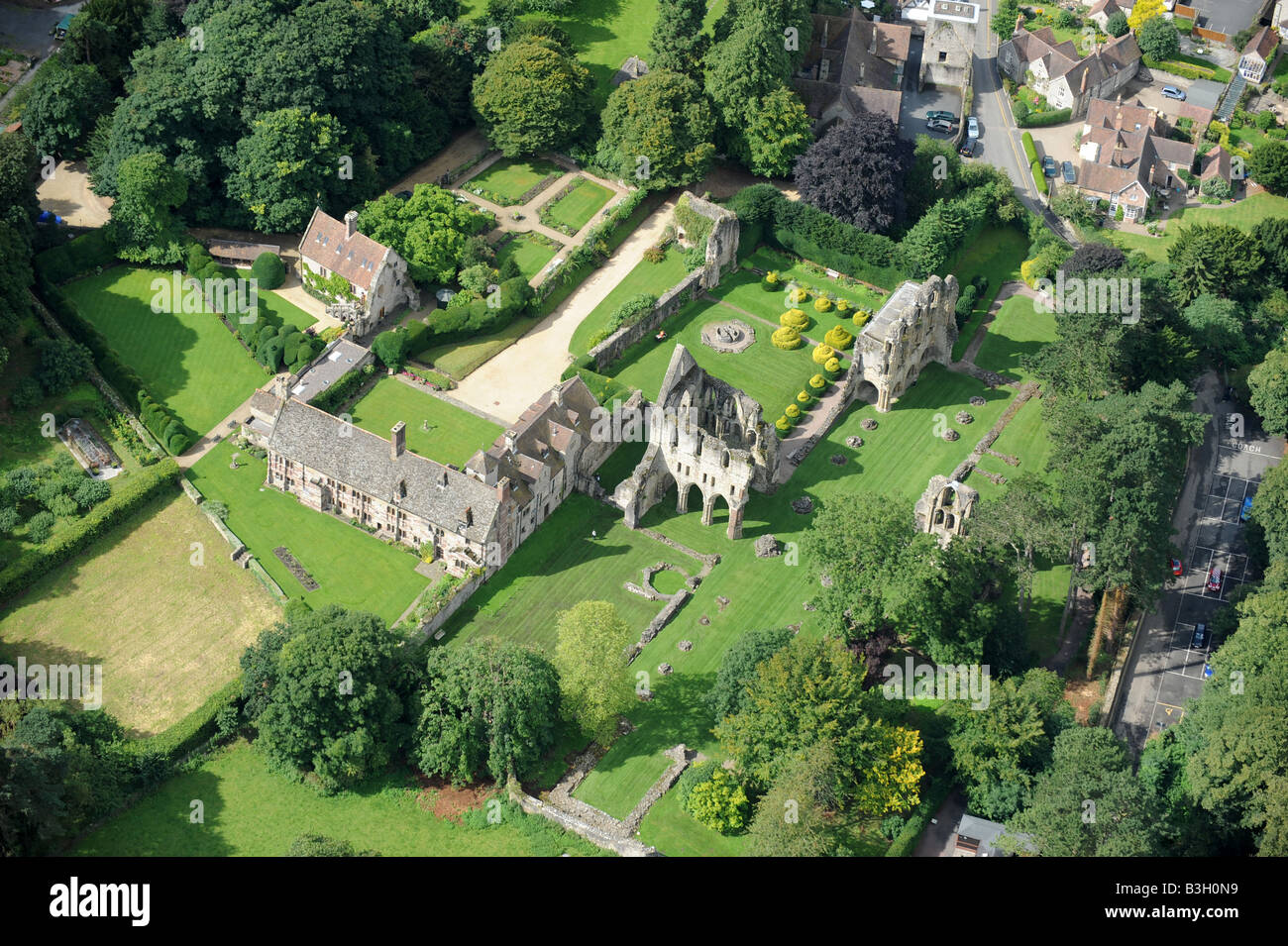 An aerial view Much Wenlock Priory and Abbey in Shropshire England ...