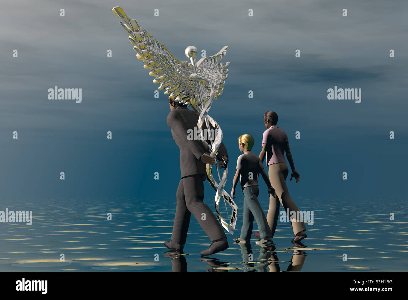 Man with a family carrying a caduceus on his back Stock Photo - Alamy