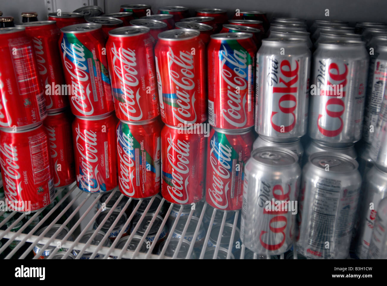Cans of Coca Cola in a refrigerator in a restaurant in New York on ...