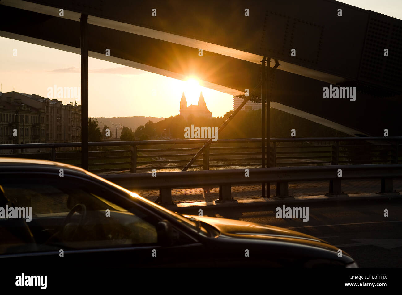 Sunset seen through girders of the new King Mindaugas Bridge on the ...